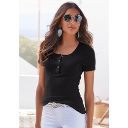 T-Shirt Lascana "mit kurzer Knopfleiste", Damen, Gr. 32/34, schwarz, Rippware, Obermaterial: 95% Viskose, 5% Elasthan, unifarben, bequem normal, Rundhals, Shirts T-Shirt, aus weicher Viskose-Ripp-Qualit&auml;t