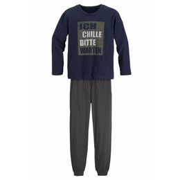 Pyjama AUTHENTIC LE JOGGER Gr. 170/176, grau (marine-anthrazit) Kinder Homewear-Sets "Ich chille bitte warten"