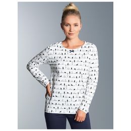 Schlafanzug TRIGEMA "TRIGEMA Langarmshirt mit Katzenmotiv", Damen, Gr. XXL, weiß, 100% Baumwolle, Basic, Homewear-Sets