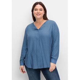 Hemdbluse sheego "Große Größen" Gr. 42, blau (tiefblau gemustert) Damen Blusen mit Minimalprint und verdeckter Knopfleiste