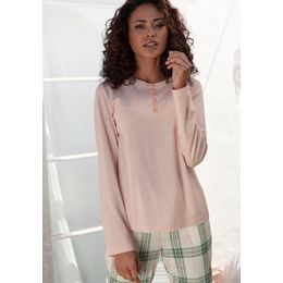 Pyjamaoberteil Vivance Dreams, Damen, Gr. 32/34, rot (apricot), Single Jersey, Obermaterial: 50% Baumwolle, 50% Viskose, unifarben, casual, Basic hüftlang, Rundhals, Shirts, mit Velvet-Knopfleiste