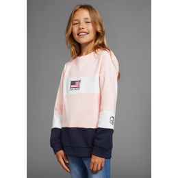 Sweatshirt DELMAO "Colorblocking Sweatshirt" Gr. 128/134, rosa (rosa, gestreift), Mädchen, angeraute Sweatware, Obermaterial: 100% Baumwolle, colorblocking, bestickt, Sweatshirts, mit Logo-Stickerei für Mädchen