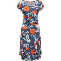 Sommerkleid Ragwear "Yvone Flowers" Gr. L (40), Normalgrößen, blau (petrol) Damen Kleider Leichtes Jersey-Kleid mit Taillengürtel