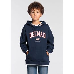 Kapuzensweatshirt DELMAO "für Jungen" Gr. 140/146, blau (marine) Jungen Sweatshirts Langarm, bedruckt, mit Kapuze, für Skater-Styles, aus Baumwolle