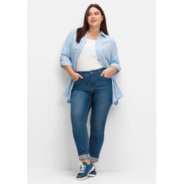 Stretch-Jeans sheego "Große Größen" Gr. 42, Normalgrößen, blau (blue denim) Damen Jeans »Die Schmale« mit zweifarbigen Kontrastnähten