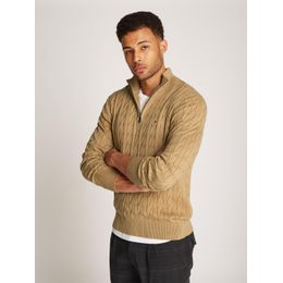 Strickpullover Tommy Hilfiger "CLASSIC COTTON CABLE ZIP MOCK" Gr. L, beige (safari canvas) Herren Pullover mit modischem Zopfmuster