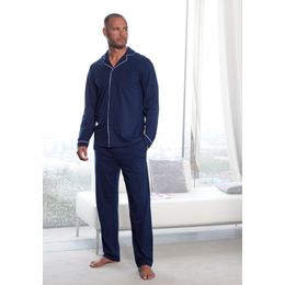 Pyjama s.Oliver, Herren, Gr. 44/46, blau (navy), Jersey, Obermaterial: 100% Baumwolle, unifarben mit Farbeinsatz, bequem lang, Rundhals, Homewear-Sets, in klassischer Schnittführung aus bequemer Jerseyqualität