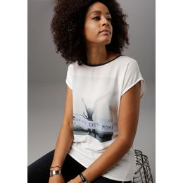 Blusenshirt Aniston SELECTED, Damen, Gr. 38, wei&szlig; (wei&szlig;, hellblau, dunkelblau), Cr&ecirc;pe, Obermaterial: 97% Polyester, 3% Elasthan. R&uuml;cken: 95% Viskose, 5% Elasthan, bedruckt, figurumspielend h&uuml;ftbedeckend, Rundhals, Shirts Blusenshirt, im Materialmix, Topseller