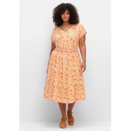 Sommerkleid sheego "Große Größen" Gr. 44, Normalgrößen, orange (apricot gemustert) Damen Kleider mit Smokbund und weitem Rock