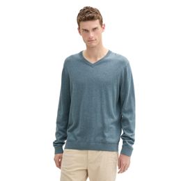 V-Ausschnitt-Pullover Tom Tailor Gr. L, blau (stormy teal melange) Herren Pullover mit kleiner Logo-Stickerei