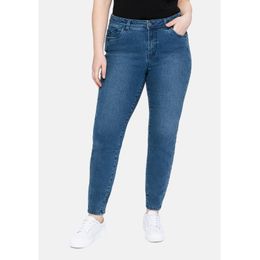 Stretch-Jeans sheego "Große Größen" Gr. 48, Normalgrößen, blau (blue denim) Damen Jeans 5-Pocket-Jeans skinny, mit vorverlegter Teilungsnaht