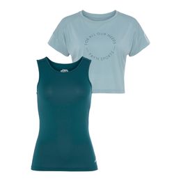 Funktionsshirt FAYN SPORTS "Cropped Top" Gr. 38, blau (eisblau, petrol), Damen, Jersey, Obermaterial: 65% Polyester, 35% Viskose. Top: 92% Polyester, 8% Elasthan, Shirts, Kurzarm, sportliche Passform, unifarben, Rundhalsausschnitt