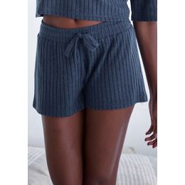 Shorts Lascana "/ Loungeshorts/ Strickshorts" Gr. 44/46, N-Gr, blau (blau-meliert) Damen Hosen meliert mit Bindeband, Loungewear