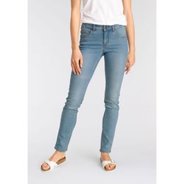 Slim-fit-Jeans Arizona "Bund mit seitlichem Gummizugeinsatz" Gr. 100, K + L Gr, blau (bleached) Damen Jeans schmale Passform, Röhrenjeans, Used-Waschung, hohe Leibhöhe