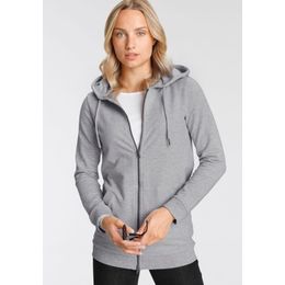 Sweatjacke Flashlights, Damen, Gr. 32/34, grau (hellgrau, meliert), Interlock, Obermaterial: 90% Baumwolle, 5% Elasthan, 5% Viskose. Kapuzenfutter: 95% Baumwolle, 5% Viskose, unifarben, Basic, lässig geschnitten Po-bedeckend, Langarm, Sweatjacken, in langer Form mit Zipper