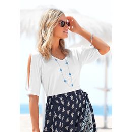 T-Shirt Vivance, Damen, Gr. 36/38, wei&szlig;, Jersey, Obermaterial: 95% Viskose, 5% Elasthan, unifarben, figurumspielend h&uuml;ftlang, V-Ausschnitt, &Auml;rmel mit &Auml;rmelschlitz abgesteppte Kante, Shirts T-Shirt, mit Cut-outs am &Auml;rmel, Kurzarmshirt mit V-Ausschnitt, casual