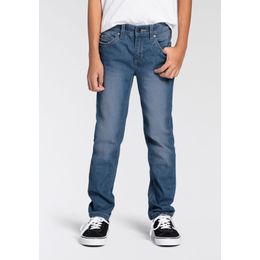 Stretch-Jeans DELMAO "Straight-fit Jeans für Jungen" Gr. 134, N-Gr, blau (blau stone), Jungen, Denim/Jeans, Obermaterial: 58% Baumwolle, 40% Polyester, 2% Elasthan, Jeans, elastisches Material, Used-Look-Waschung, niedrige Leibhöhe