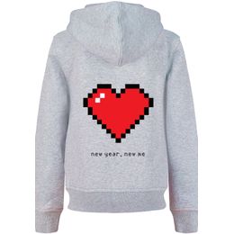 Kapuzenpullover F4NT4STIC "Pixel Herz Happy New Year Silvester" Gr. 110/116, grau (heather grey) Mädchen Pullover Print