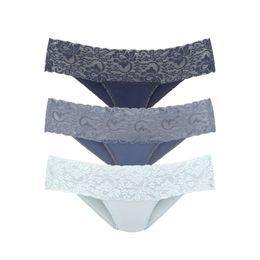 Brasilslip Vivance, Damen, Gr. 36/38, blau (eisblau, rauchblau, navy), Single Jersey, Obermaterial: 95% Baumwolle, 5% Elasthan. Spitze: 93% Polyamid, 7% Elasthan (LYCRA), unifarben, bequem, Unterhosen, aus elastischer Baumwolle mit floraler Spitze