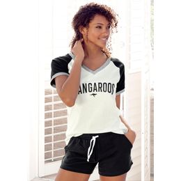 Shorty Kangaroos, Damen, Gr. 32/34, schwarz-weiß (schwarz, weiß), Single Jersey, Obermaterial: 100% Baumwolle, bedruckt, casual, bequem kurz, V-Ausschnitt, Homewear-Sets, mit kontrastfarbenen Raglanärmeln