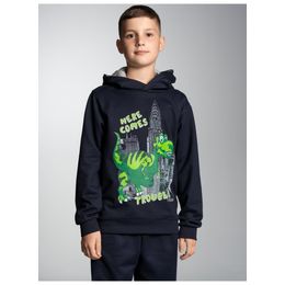 Sweatshirt TRIGEMA "TRIGEMA Hoodie mit großem Dino-Printmotiv" Gr. 104, blau (navy) Kinder Sweatshirts