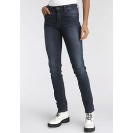 Slim-fit-Jeans Arizona "Bund mit seitlichem Gummizugeinsatz" Gr. 34, N-Gr, blau (darkblue-used) Damen Jeans schmale Passform, Röhrenjeans, Used-Waschung, hohe Leibhöhe Bestseller