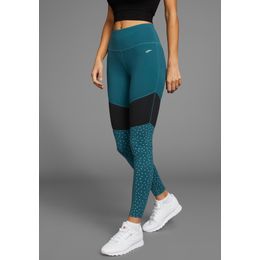 Funktionstights FAYN SPORTS "Tights mit Colorblock", Damen, Gr. 34, N-Gr, grün (petrol_schwarz), Jersey, Obermaterial: 80% Polyester, 20% Elasthan, colorblocking, gemustert, unifarben mit Farbeinsatz, bedruckt, sportlich, schmal knöchellang, Hosen, und Reflektorprint