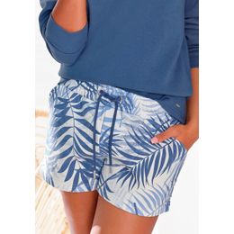 Sweatshorts Lascana "-Loungeshorts" Gr. 32/34, N-Gr, blau (blau gemustert) Damen Hosen im schönen Allover-Blätterdruck, Loungewear