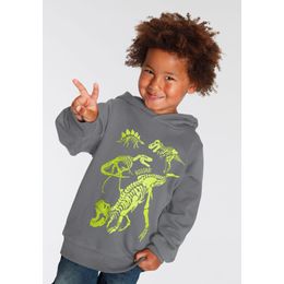 Kapuzensweatshirt Kidsworld "DINO" Gr. 128/134, grau (anthrazit) Jungen Sweatshirts Langarm, Basic-Passform, mit stylischem Druck, aus 100% Baumwolle