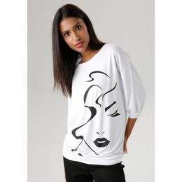Fledermausshirt Aniston SELECTED, Damen, Gr. 42, schwarz-wei&szlig; (wei&szlig;, schwarz), Single Jersey, Obermaterial: 95% Viskose, 5% Elasthan, bedruckt, l&auml;ssig geschnitten h&uuml;ftbedeckend, Rundhals, Fledermaus&auml;rmel B&uuml;ndchen, Shirts Fledermausshirt, mit abstraktem Gesichtsdruck