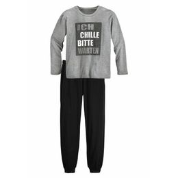 Pyjama AUTHENTIC LE JOGGER Gr. 134/140, schwarz (meliert, grau, schwarz) Kinder Homewear-Sets "Ich chille bitte warten"