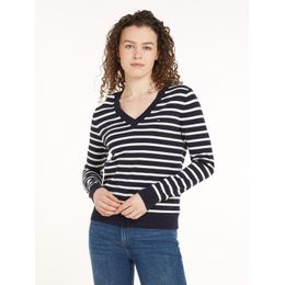 V-Ausschnitt-Pullover Tommy Hilfiger Gr. S (36), blau (breton stp, desert sky, ivory petal) Damen Pullover mit Logo-Stickerei