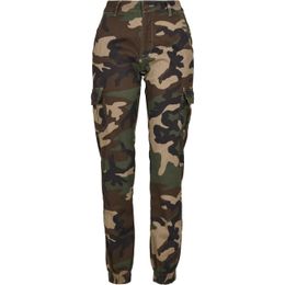 Cargohose Urban Classics "Urban Classics Damen Ladies High Waist Camo Cargo Pants" Gr. 27, Normalgrößen, grün (woodcamo) Damen Hosen