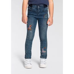 Stretch-Jeans Kidsworld "Basic Jeans mit toller Stickerei" Gr. 128, N-Gr, blau (blau, denim), Mädchen, Denim/Jeans, Obermaterial: 98% Baumwolle, 2% Elasthan, bedruckt, mehrfarbig, Jeans, schmale Beinform, mit verstellbarem Gummizug am Bund, lang