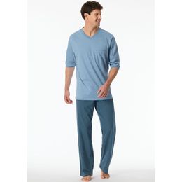 Pyjama Schiesser ""Comfort Essentials"" Gr. 58, blau (808-blaugrau) Herren Homewear-Sets mit V-Ausschnitt und aufgesetzter Brusttasche