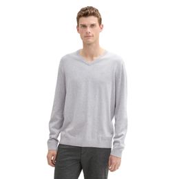 V-Ausschnitt-Pullover Tom Tailor Gr. L, grau (light stone grey melange) Herren Pullover mit kleiner Logo-Stickerei