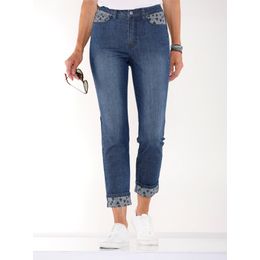 Bequeme Jeans Classic Basics, Damen, Gr. 40, Normalgrößen, blau (blau, stone, washed), 81% Baumwolle, 17% Polyester, 2% Elasthan, gemustert, mehrfarbig, 7/8-Länge, Jeans