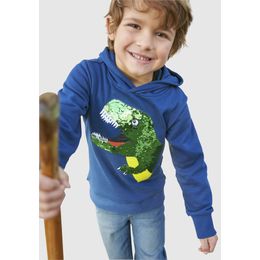 Kapuzensweatshirt Kidsworld "mit tollem Dino aus Wendepailletten" Gr. 128/134, blau Jungen Sweatshirts Langarm, Basic-Passform, bedruckt, aus 100% Baumwolle