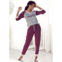 Pyjama Kangaroos, Damen, Gr. 40/42, rot (bordeaux, grau, meliert), Single Jersey, Obermaterial: 100% Baumwolle. Graumeliert (Obermaterial): 90% Baumwolle, 10% Polyester, bedruckt, casual, bequem lang, V-Ausschnitt, Homewear-Sets, mit kontrastfarbenen Raglanärmeln