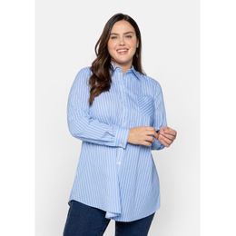 Longbluse sheego "Große Größen" Gr. 40, blau (mittelblau), Damen, Obermaterial: 70% Baumwolle, 27% Polyamid, 3% Elasthan, gestreift, Blusen, mit gerundetem Saum