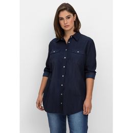 Jeansbluse sheego "Große Größen", Damen, Gr. 40, blau (dunkelblau denim), Obermaterial: 100% Baumwolle, unifarben, casual, figurumspielend lang, Langarm, Blusen, mit Knopfleiste und Brusttaschen