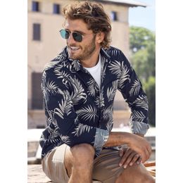 Hawaiihemd John Devin "Regular Fit" Gr. S (37/38), N-Gr, blau (navy / creme) Herren Hemden Langarm, Freizeithemd mit Palmenprint aus reiner Baumwolle