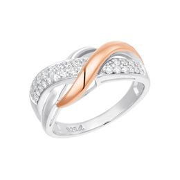 Fingerring Amor "Twisted" Fingerringe Gr. 52, Silber 925 (Sterlingsilber), 2mm, rosegold (roségoldfarben-weiß + kristallweiß) Damen mit Zirkonia (synth.)