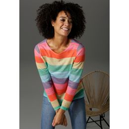 Langarmshirt Aniston CASUAL, Damen, Gr. 46, bunt (pink, orange, gelb, apfelgr&uuml;n, t&uuml;rkis, lila), Feinstrick, Obermaterial: 100% Polyester, Leinenoptik, geringelt, gestreift, figurumspielend Po-bedeckend, Rundhals, Shirts Langarmshirt, mit farbstarken Streifen, Topseller