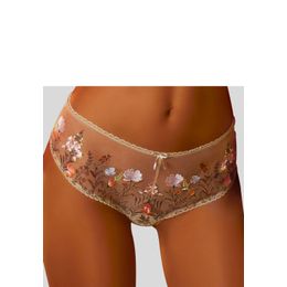 Stringpanty Lascana "Maria", Damen, Gr. 40/42, braun (toffee, bunt), Mesh, Spitze, Obermaterial: 76% Polyamid, 21% Polyester, 3% Elasthan, figurbetont, Unterhosen, mit bunten Blumen aus Stickereispitze