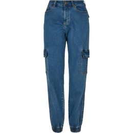 Stoffhose Urban Classics "Urban Classics Damen Ladies Organic Stretch Denim Cargo Pants" Gr. 27, Normalgrößen, blau (cleanblue washed) Damen Hosen