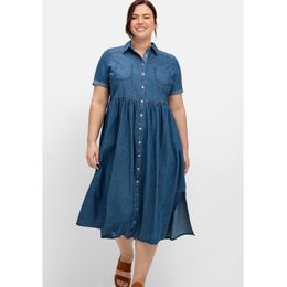 Jeanskleid sheego "Große Größen" Gr. 50, Normalgrößen, blau (blue denim) Damen Kleider mit Blusenkragen und Teilungsnaht