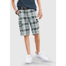 Shorts Kidsworld "2tlg. Bermudas mit Gürtel, Karierte Cargo-Bermudas", Jungen, Gr. 128, N-Gr, bunt (anthrazit, türkis, kariert), Twill, Obermaterial: 100% Baumwolle, kariert, modisch, Basic, Hosen, mit Textilgürtel