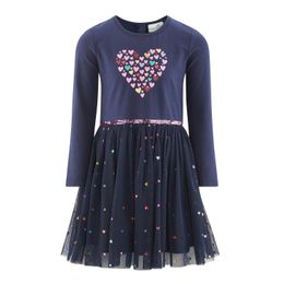 Jerseykleid happy girls Gr. 110, N-Gr, blau (navy), Mädchen, Jersey, Obermaterial: 95% Baumwolle, 5% Elasthan. Obermaterial 2: 100% Polyester. Futter: 100% Polyester, bedruckt, Kleider