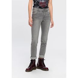 Slim-fit-Jeans Arizona "Bund mit seitlichem Gummizugeinsatz" Gr. 100, K + L Gr, grau (grey-used) Damen Jeans schmale Passform, Röhrenjeans, Used-Waschung, hohe Leibhöhe